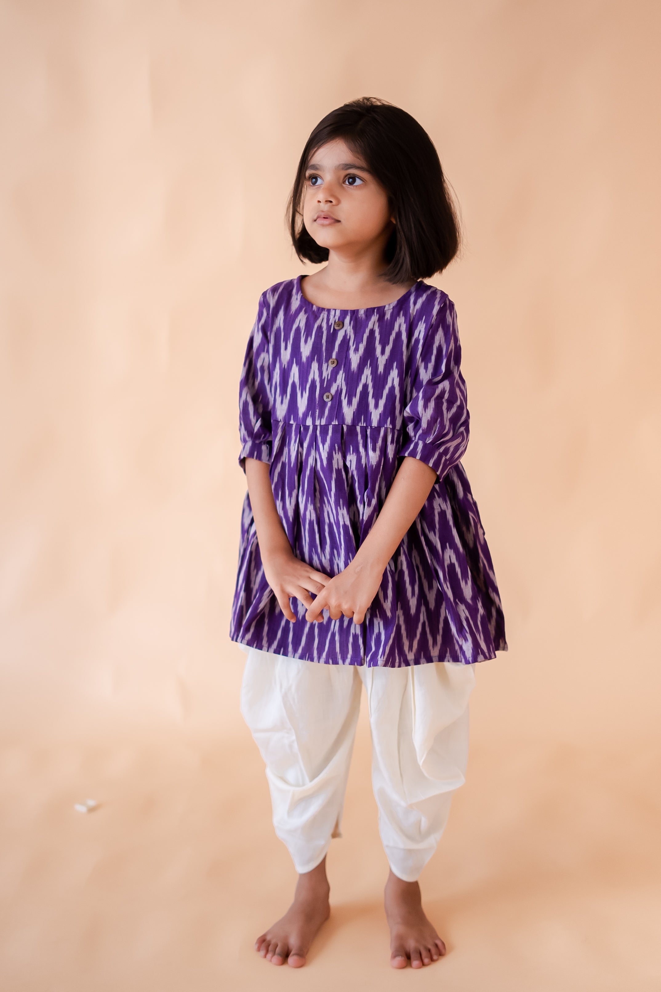 Klingaru Girl Dhoti Set - Purple Ikat with Offwhite Ikat ( Last Piece
